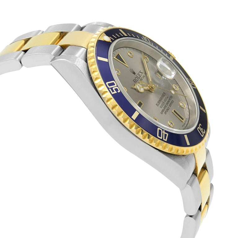 Rolex Submariner 18K Gold Steel No Holes Gray Serti Diamond Dial Watch ...