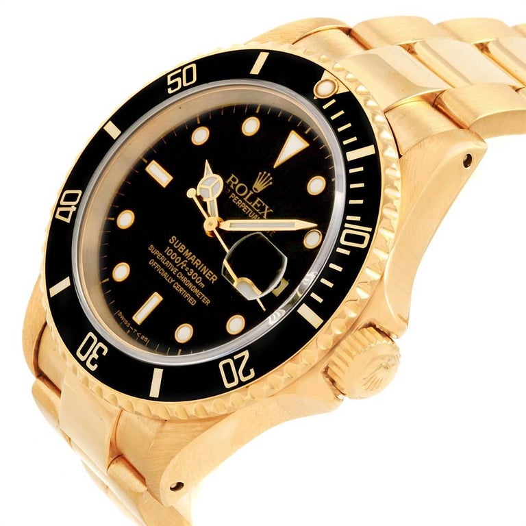 Rolex Submariner 18 Karat Yellow Gold Black Dial Men's Watch 16618 For ...