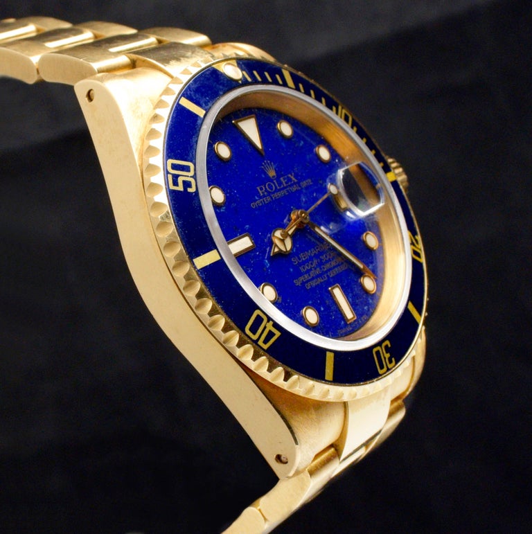 Rolex Submariner 18k Yellow Gold Blue Lapis Dial 16618 Automatic Watch ...
