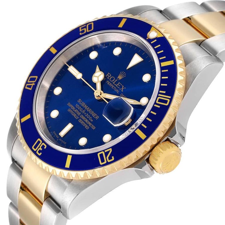 Rolex Submariner Blue Dial Steel Yellow Gold Mens Watch 16613 Box ...