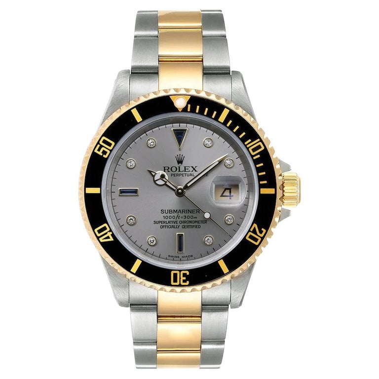 Rolex Submariner Date Black Steel Gold Bezel Sultan Serti Diamond Dial ...