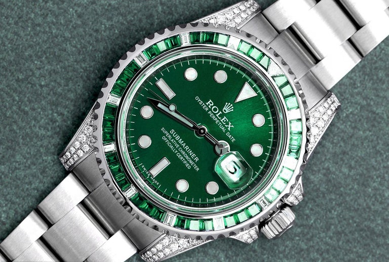 Rolex Submariner Date Emerald / Diamond Stainless Steel Watch Green Dial For Sale at 1stDibs