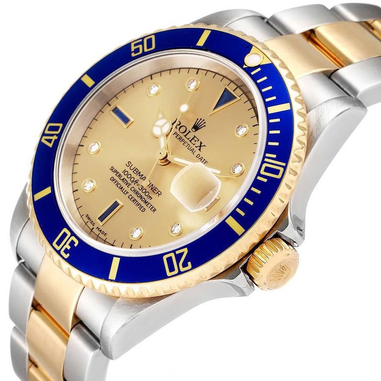 Rolex Submariner Steel Gold Diamond Sapphire Serti Dial Mens Watch ...