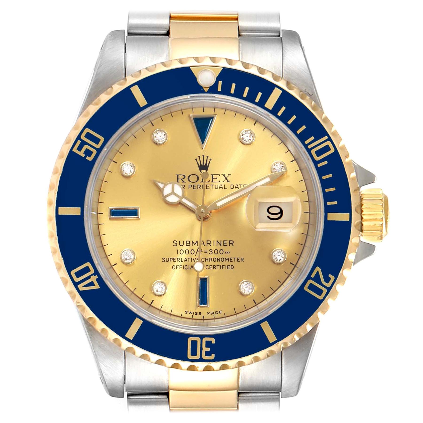 Rolex Submariner Steel Gold Diamond Sapphire Serti Dial Men's Watch ...
