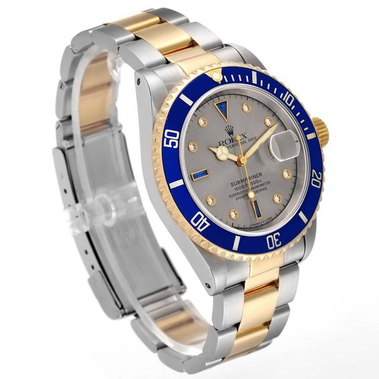 Rolex Submariner Steel Gold Diamond Sapphire Serti Dial Watch 16613 at ...