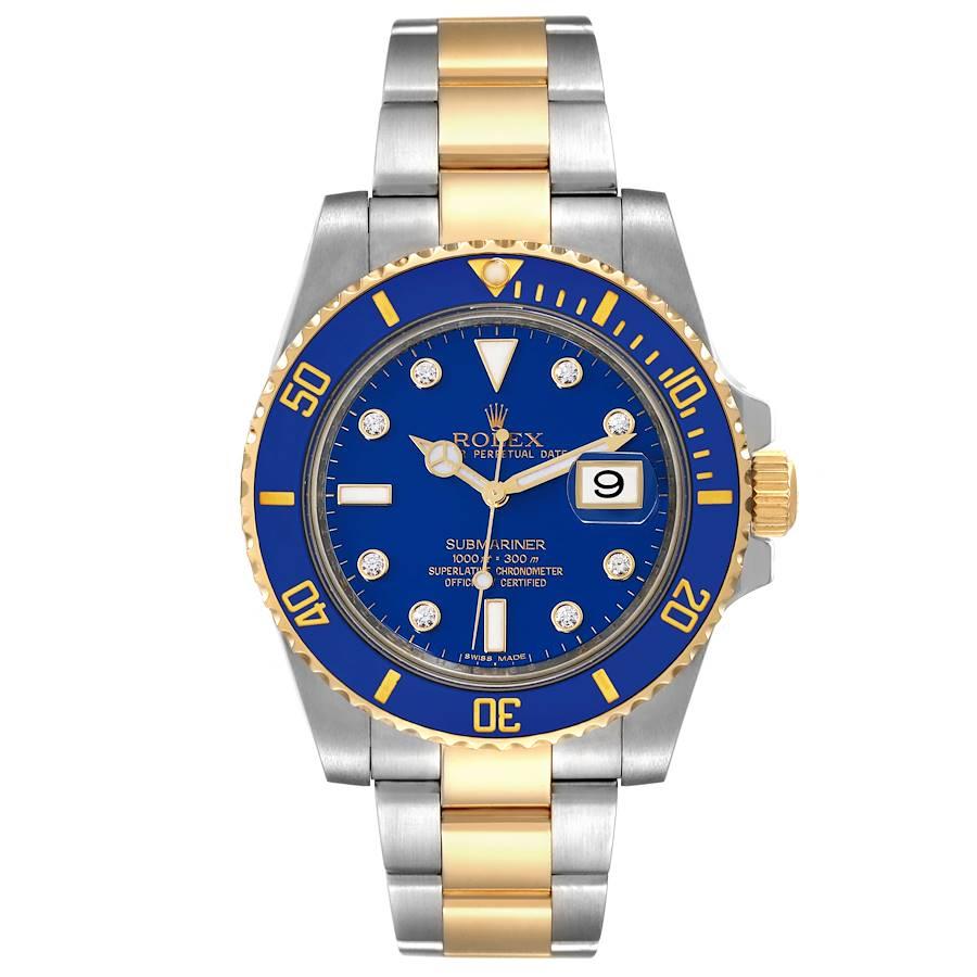 Rolex Submariner Steel Yellow Gold Blue Diamond Dial Mens Watch 116613 ...