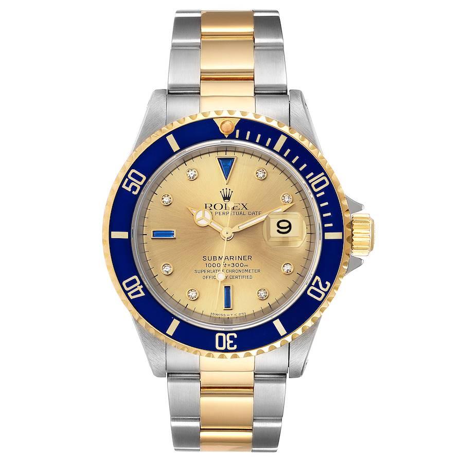 Rolex Submariner Steel Yellow Gold Diamond Sapphire Serti Dial Mens ...