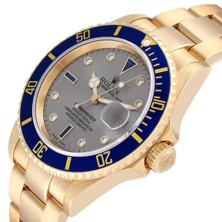 Rolex Submariner Yellow Gold Diamond Sapphire Serti Dial Watch 16618 ...