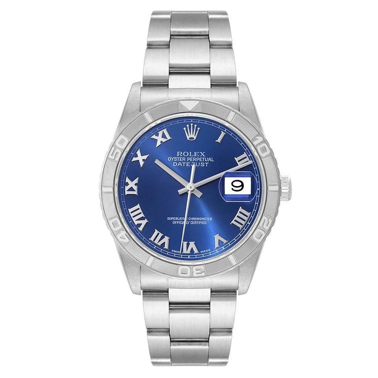 Rolex Turnograph Datejust Steel White Gold Blue Dial Watch 16264 Box ...
