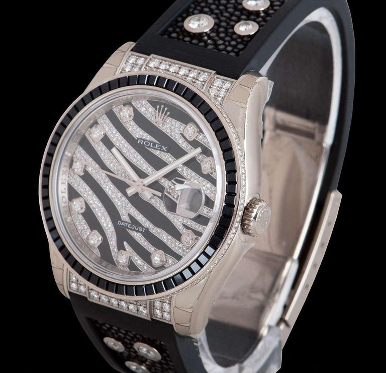 Rolex Unworn Zebra Datejust White Gold Pave Diamond Dial Black Sapphire ...
