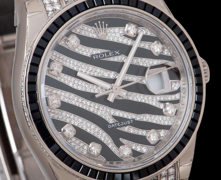Rolex Unworn Zebra Datejust White Gold Pave Diamond Dial Black Sapphire ...