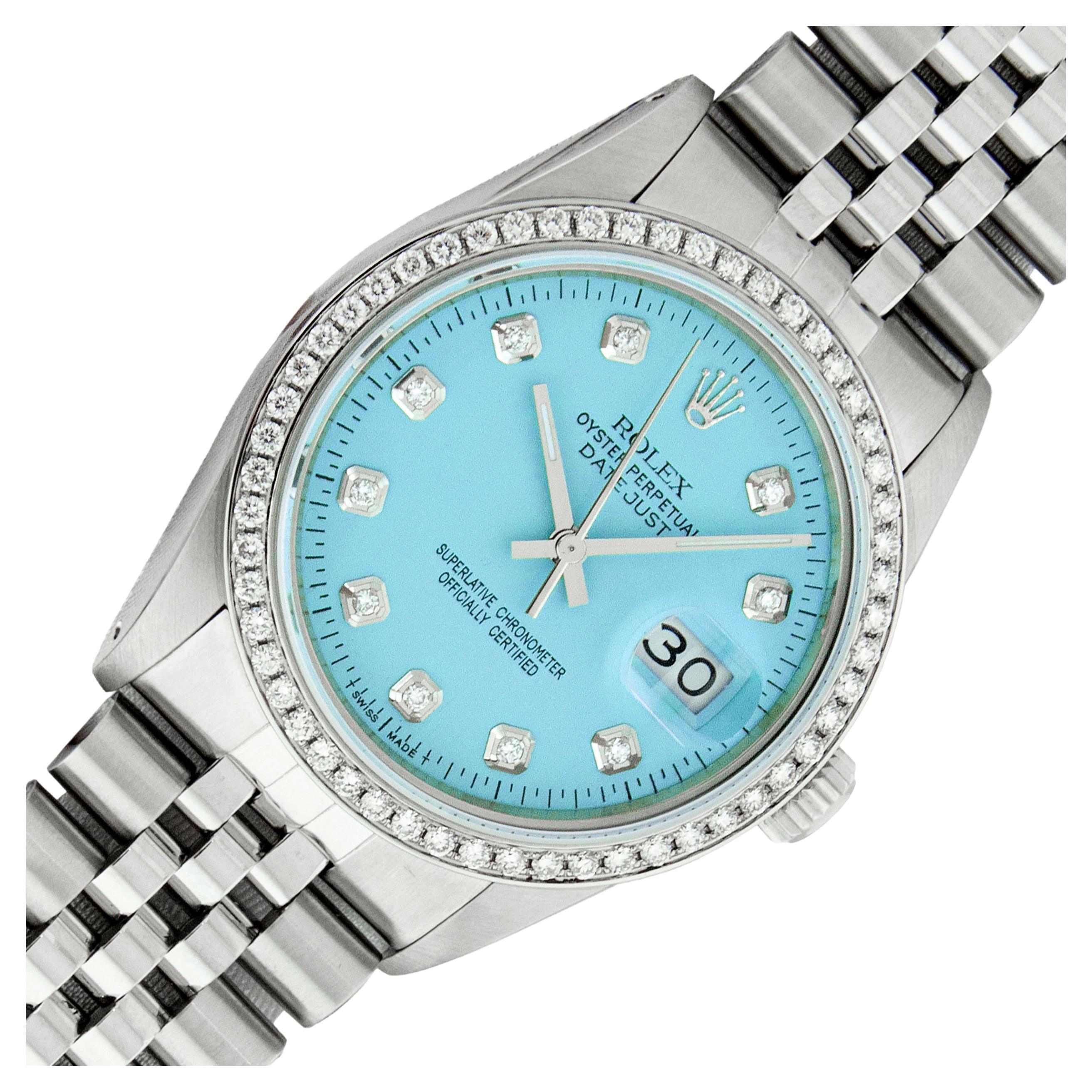 ROLEX Rare Platinum Blue "Stella" Dial and Diamond Bezel Watch at 1stDibs