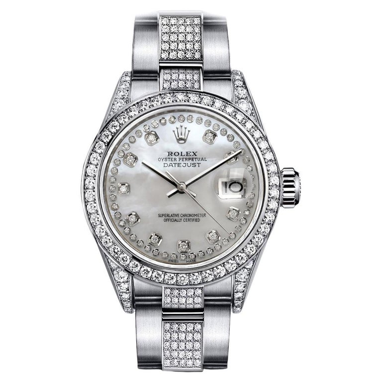 Rolex White Pearl String Datejust SS Diamond Bezel Lug & Center Band ...