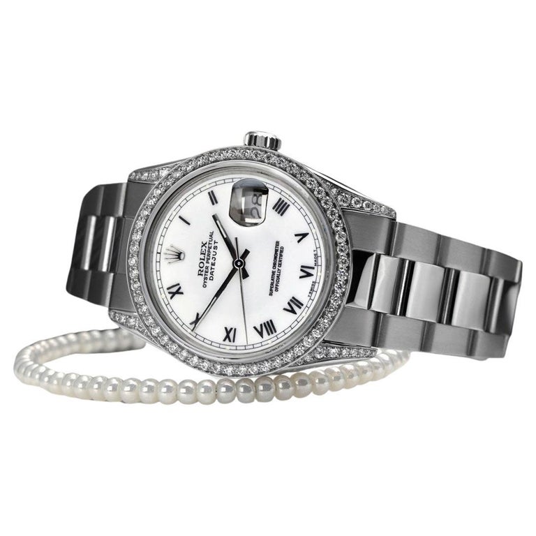 Rolex White Roman Dial 36mm Datejust Diamond Bezel/Lugs Stainless Steel ...