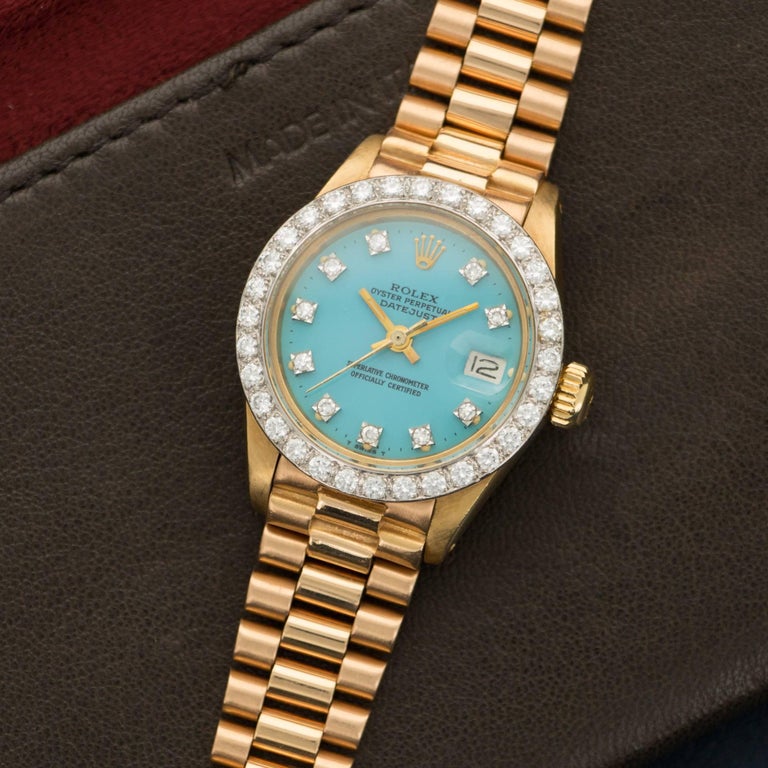 Rolex Yellow Gold Diamond Datejust Blue Stella Dial Wristwatch Ref 6913 ...