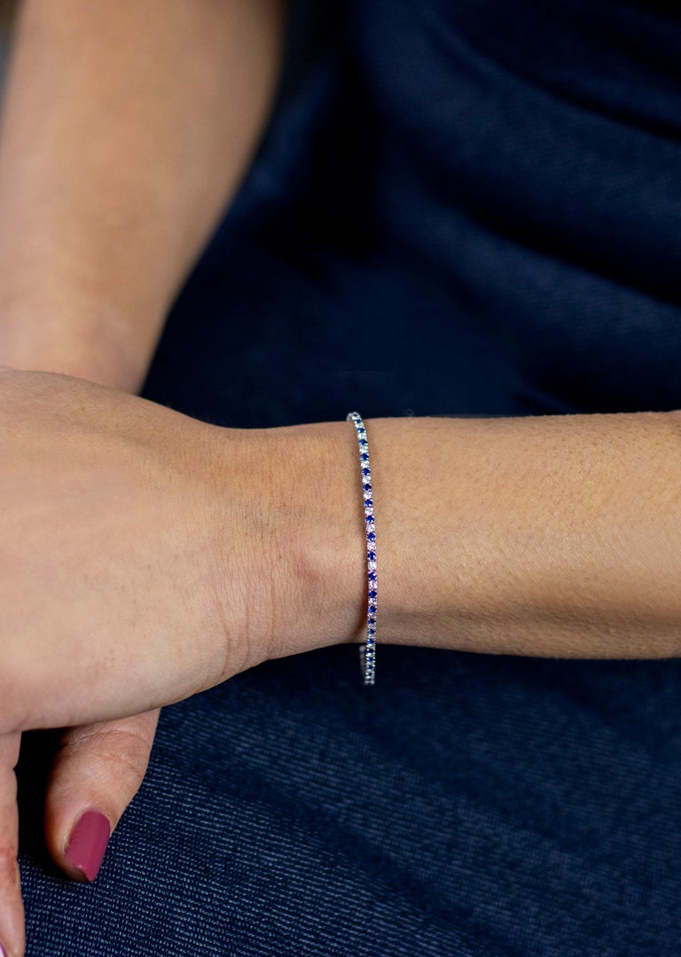 Roman Malakov 2.38 Carats Alternating Blue Sapphire and Diamond Tennis Bracelet For Sale at 1stDibs
