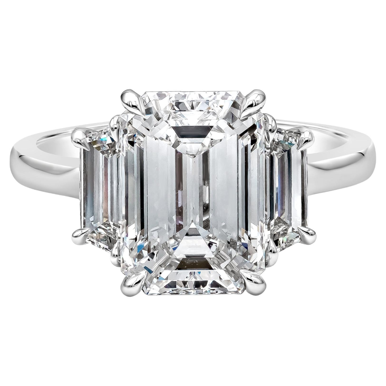 GIA Certified 4.07 Carats Emerald Cut Diamond Three-Stone Engagement ...