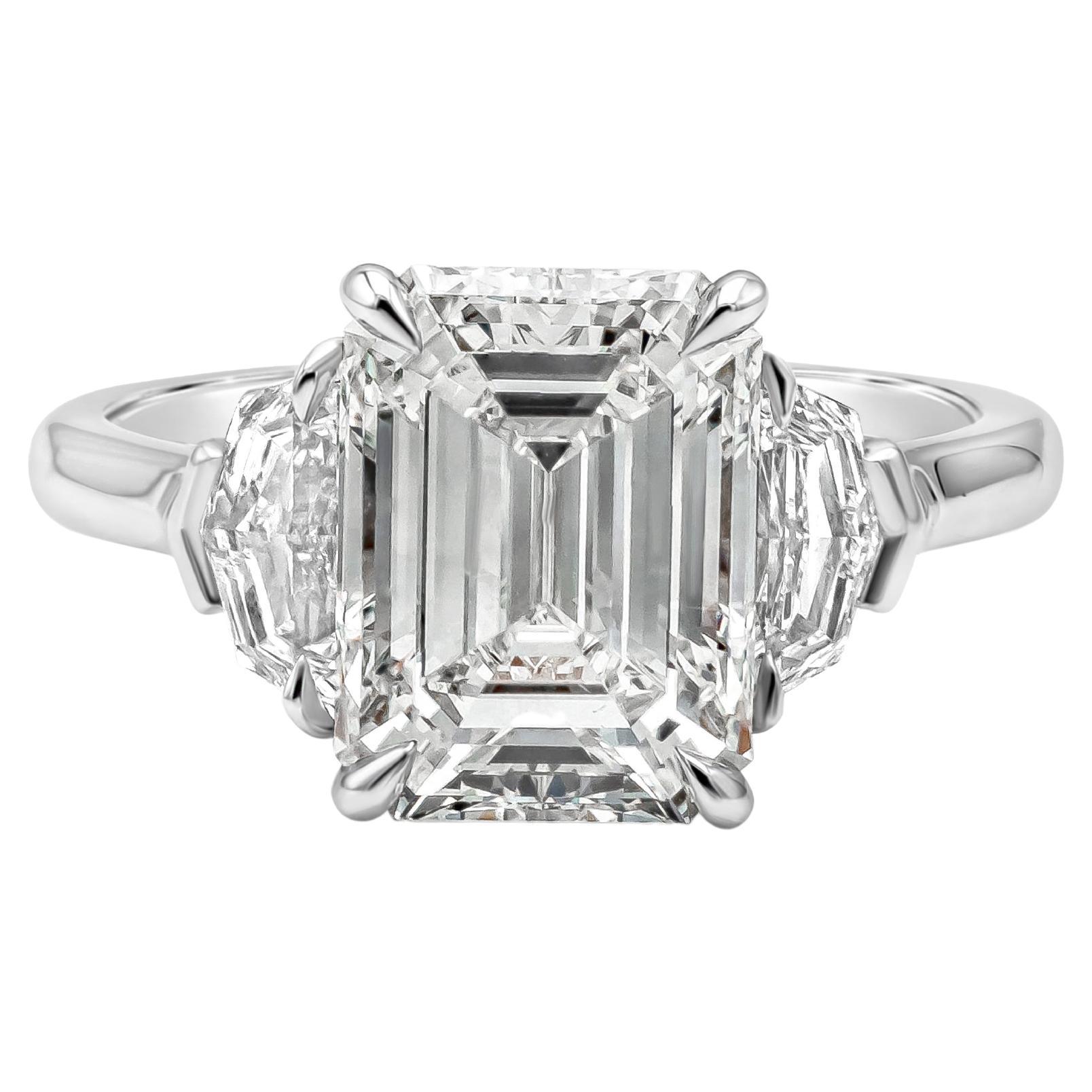 Alexandra Mor Three Ring Emerald Cut Diamond and Baguette Engagement ...