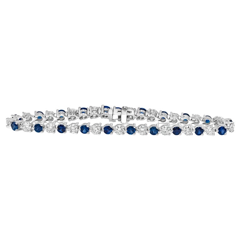Roman Malakov 7.54 Carats Alternating Blue Sapphire and Diamond Tennis Bracelet For Sale at 1stDibs