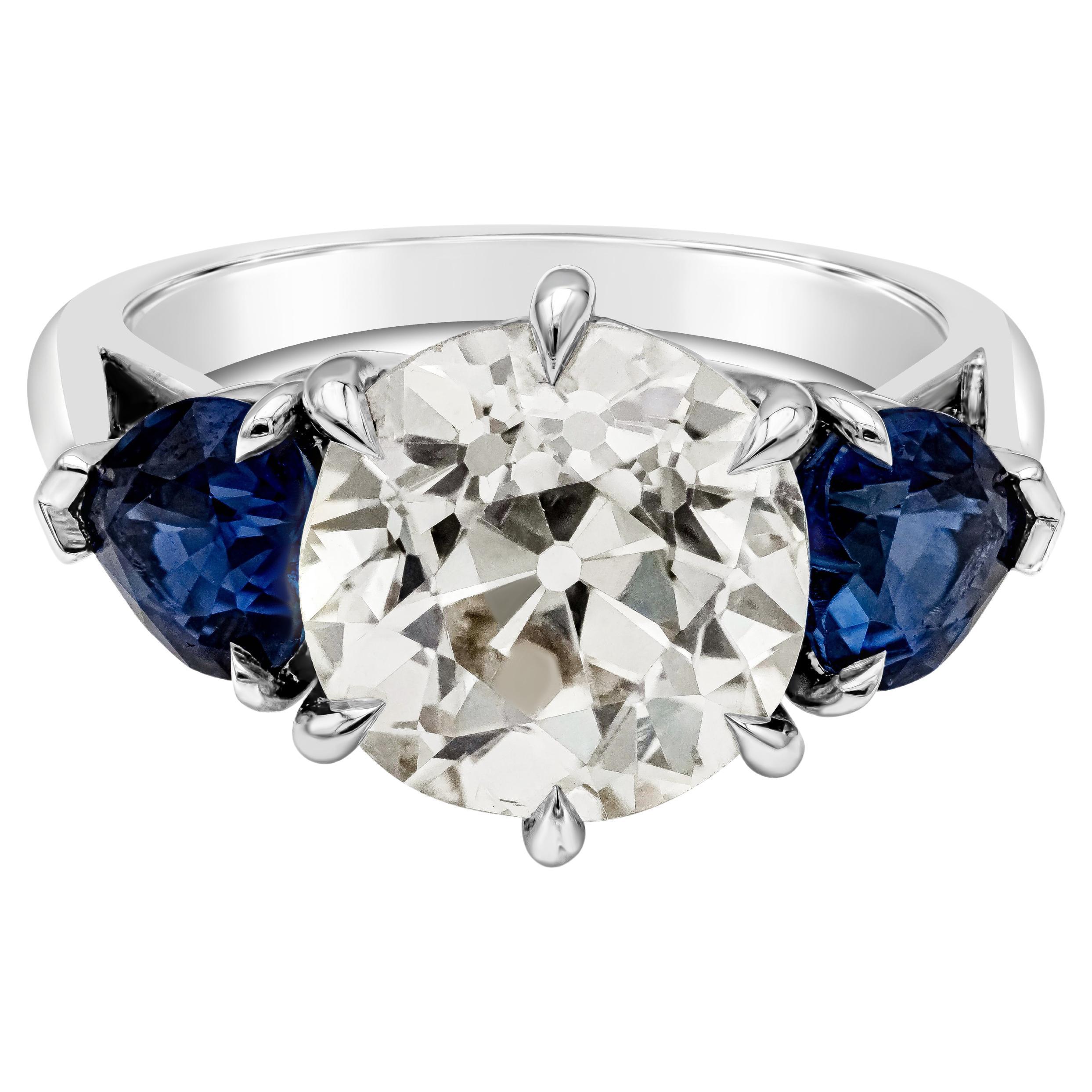 Vintage Blue Sapphire and Old European Cut Diamond 14K 3 Stone Ring For ...