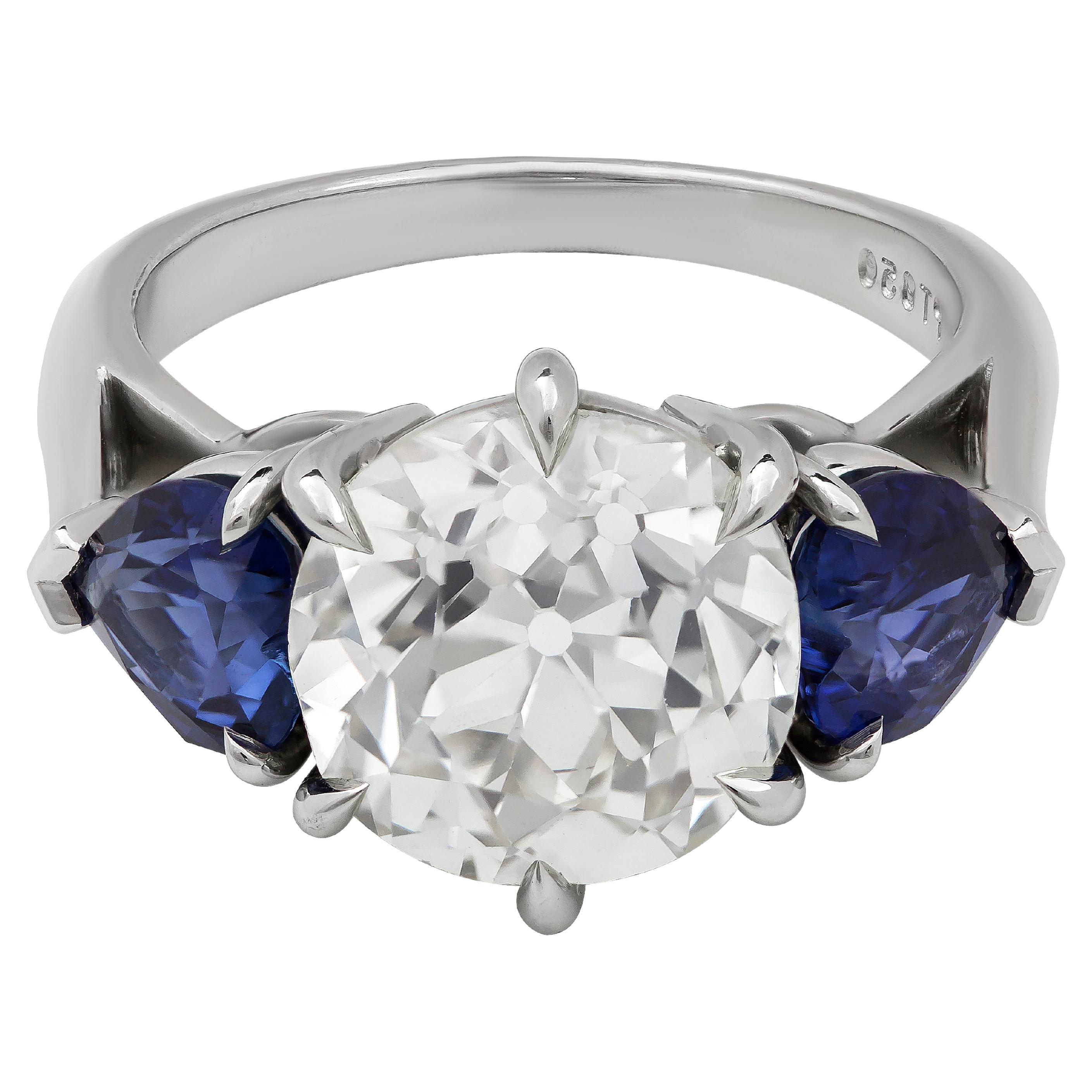 Three Stone Blue Sapphire Old European Cut Diamond Gold Ring at 1stDibs | old european cut sapphire