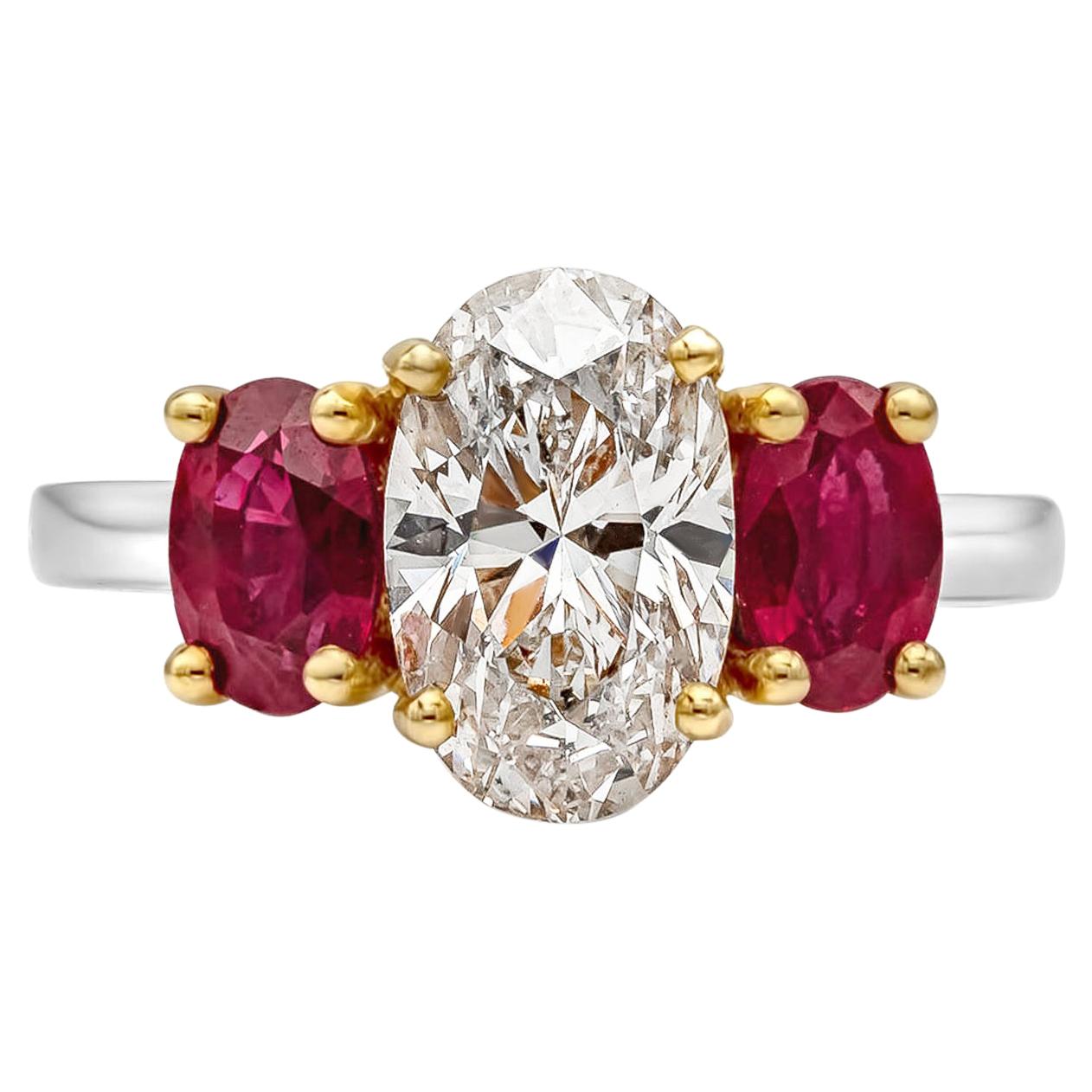 Oval Ruby and Diamond Three-Stone Engagement Ring in Platinum at 1stDibs
