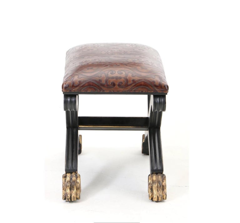 Roman Style Curule Ottoman Gilt Paw Feet Embossed Leather Upholstery ...