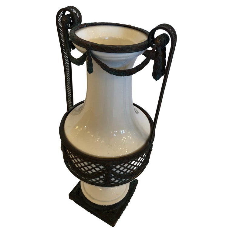 Romantic Antique French White Porcelain Vase with Aged Copper Overlay ...