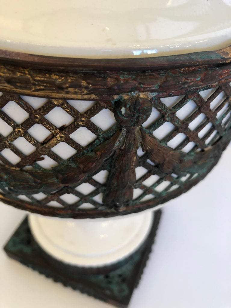Romantic Antique French White Porcelain Vase with Aged Copper Overlay ...