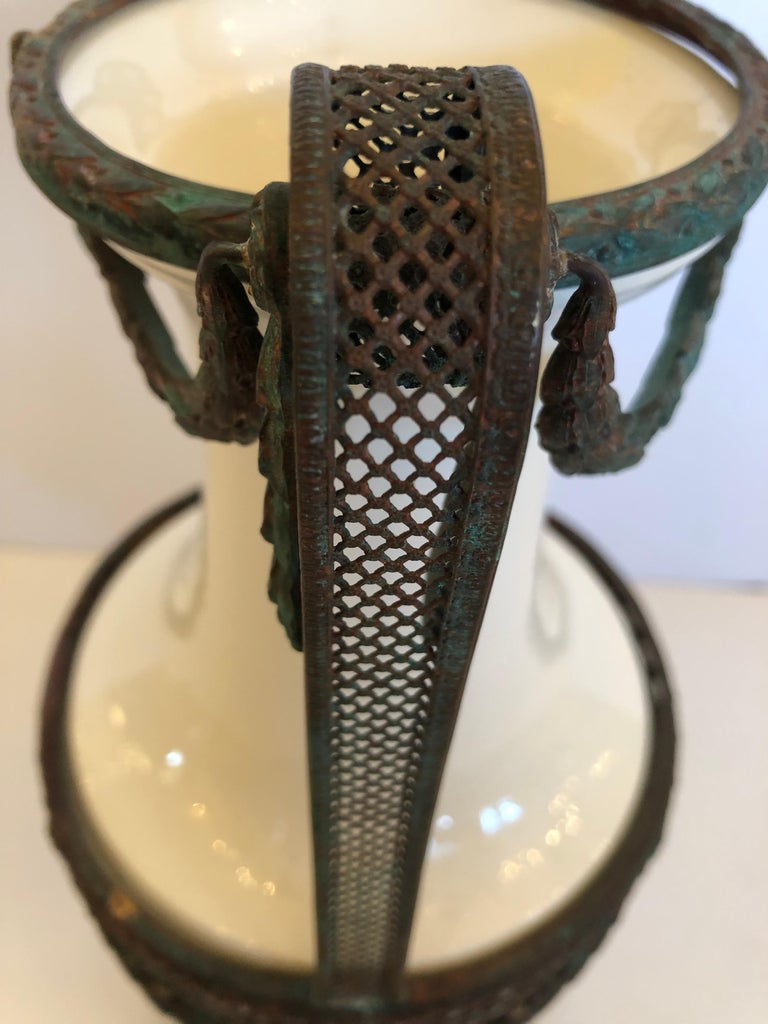 Romantic Antique French White Porcelain Vase with Aged Copper Overlay ...