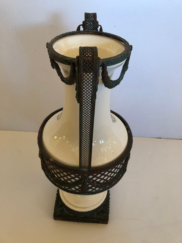 Romantic Antique French White Porcelain Vase with Aged Copper Overlay ...