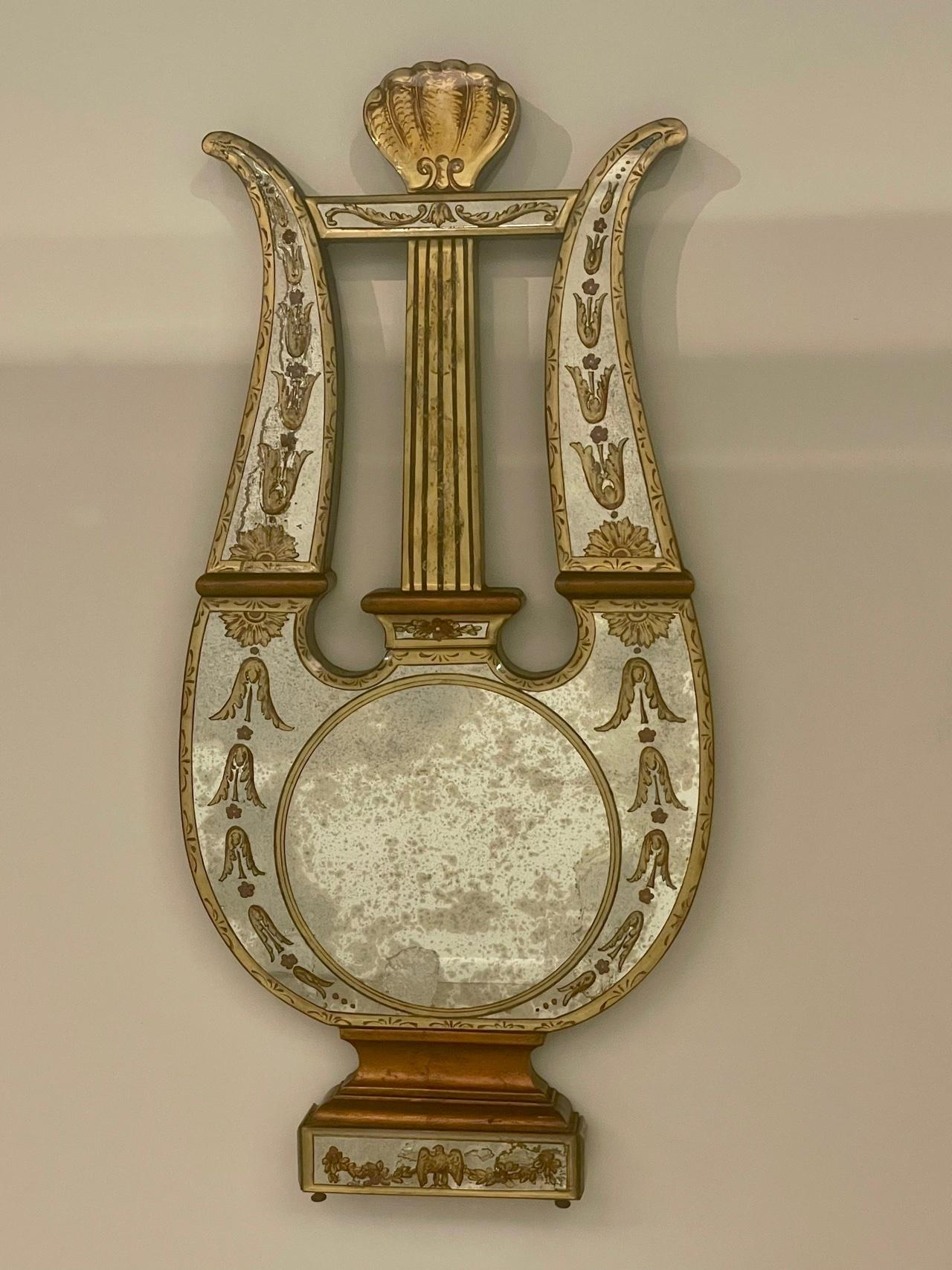 Romantic Antique Lyre Shaped Eglomise Mirror Wall Sculpture at 1stDibs