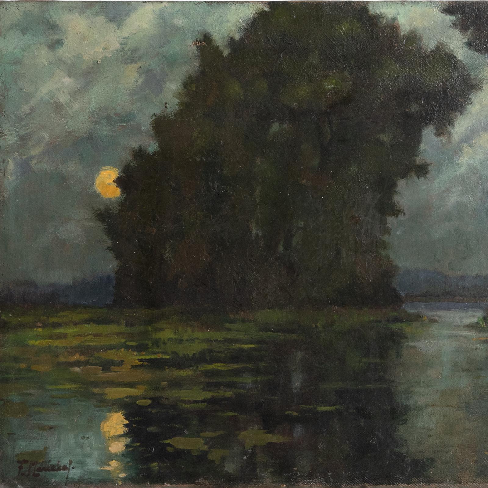 Romantic Moonlight River Landscape, Vintage Original Impressionist Oil ...