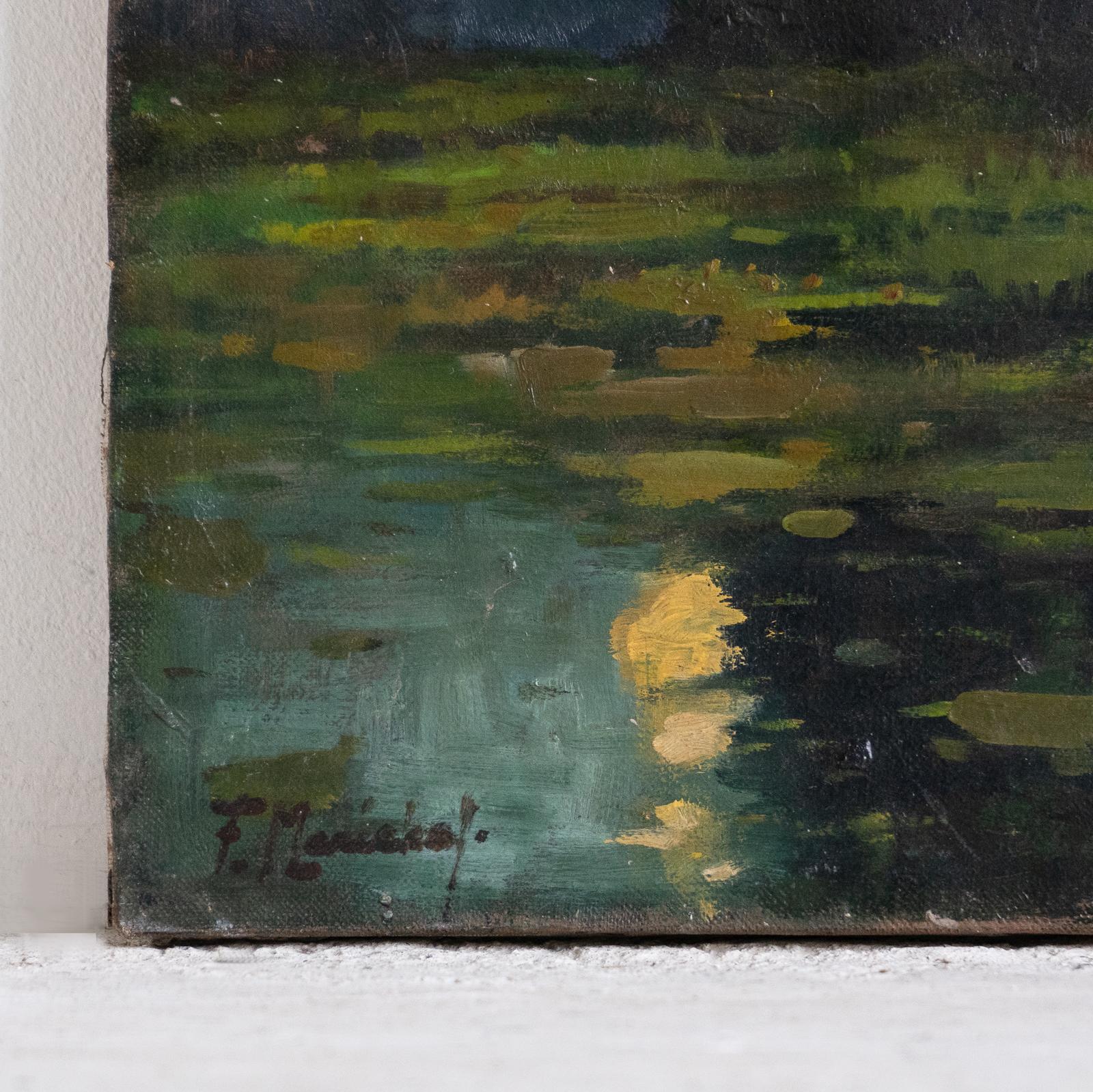 Romantic Moonlight River Landscape, Vintage Original Impressionist Oil ...