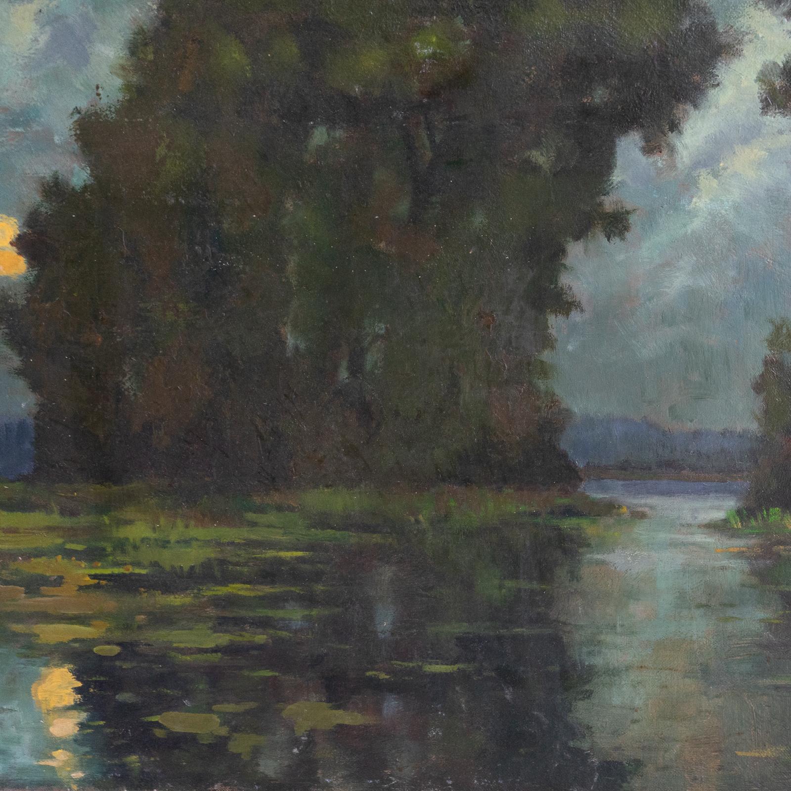 Romantic Moonlight River Landscape, Vintage Original Impressionist Oil ...