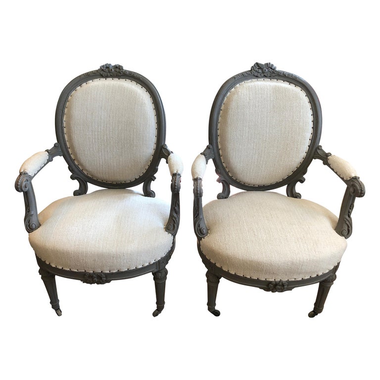 Romantic Pair of Grey Painted French Fauteuil Chairs with Oatmeal ...