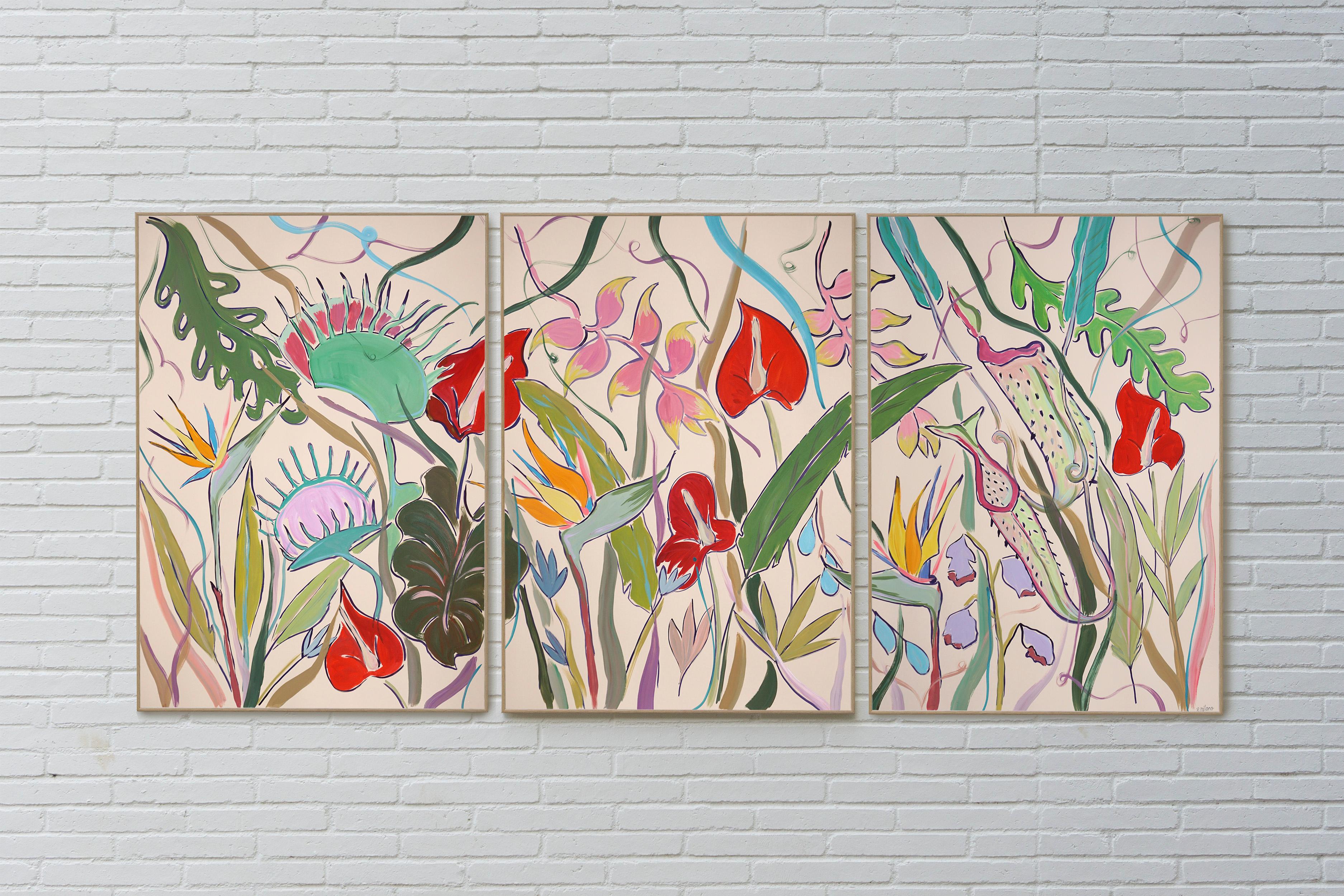Romina Milano - Carnivorous Plant Garden Triptych, Tropical Red Flowers ...