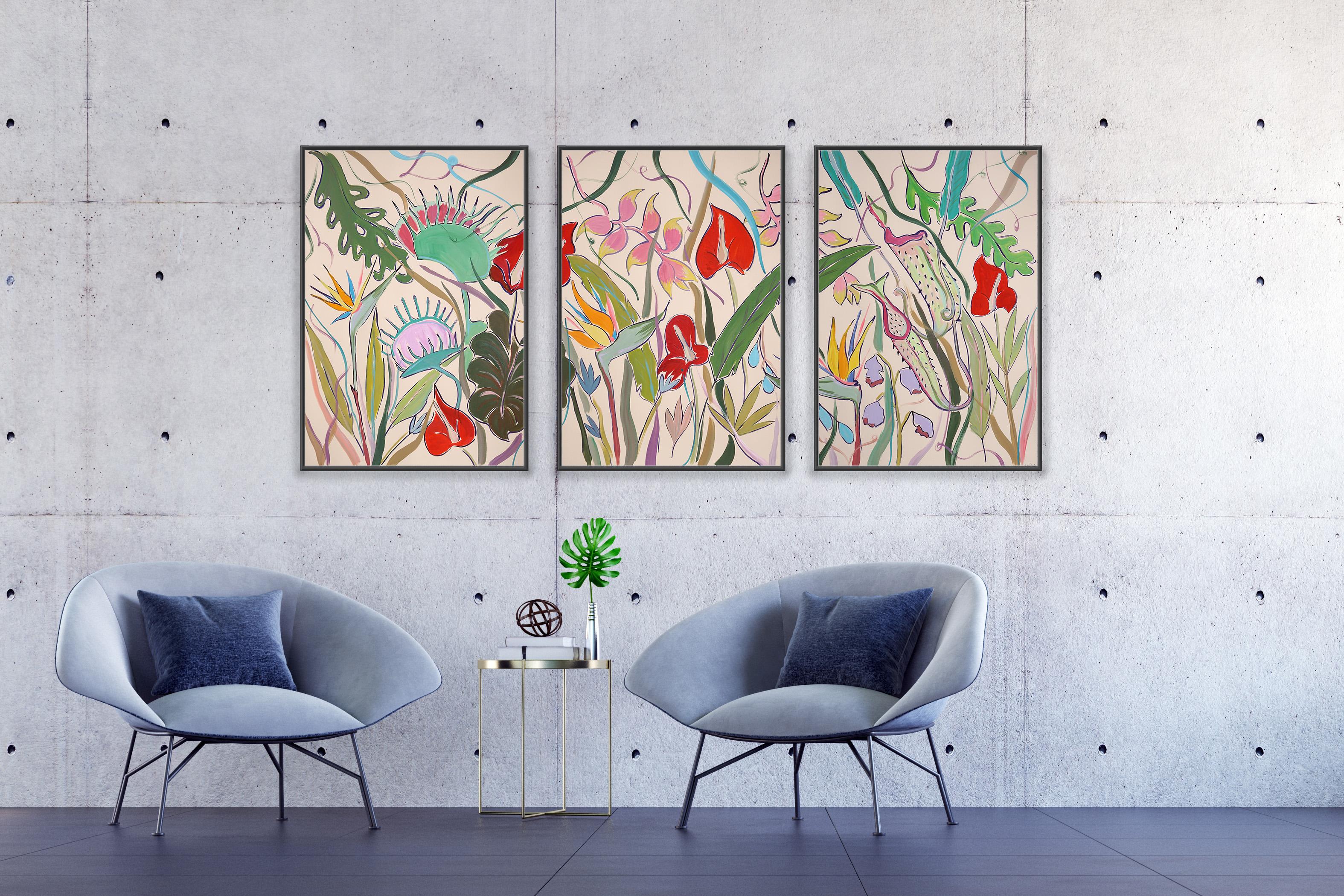 Romina Milano - Carnivorous Plant Garden Triptych, Tropical Red Flowers, Green Nature Jurassic ...