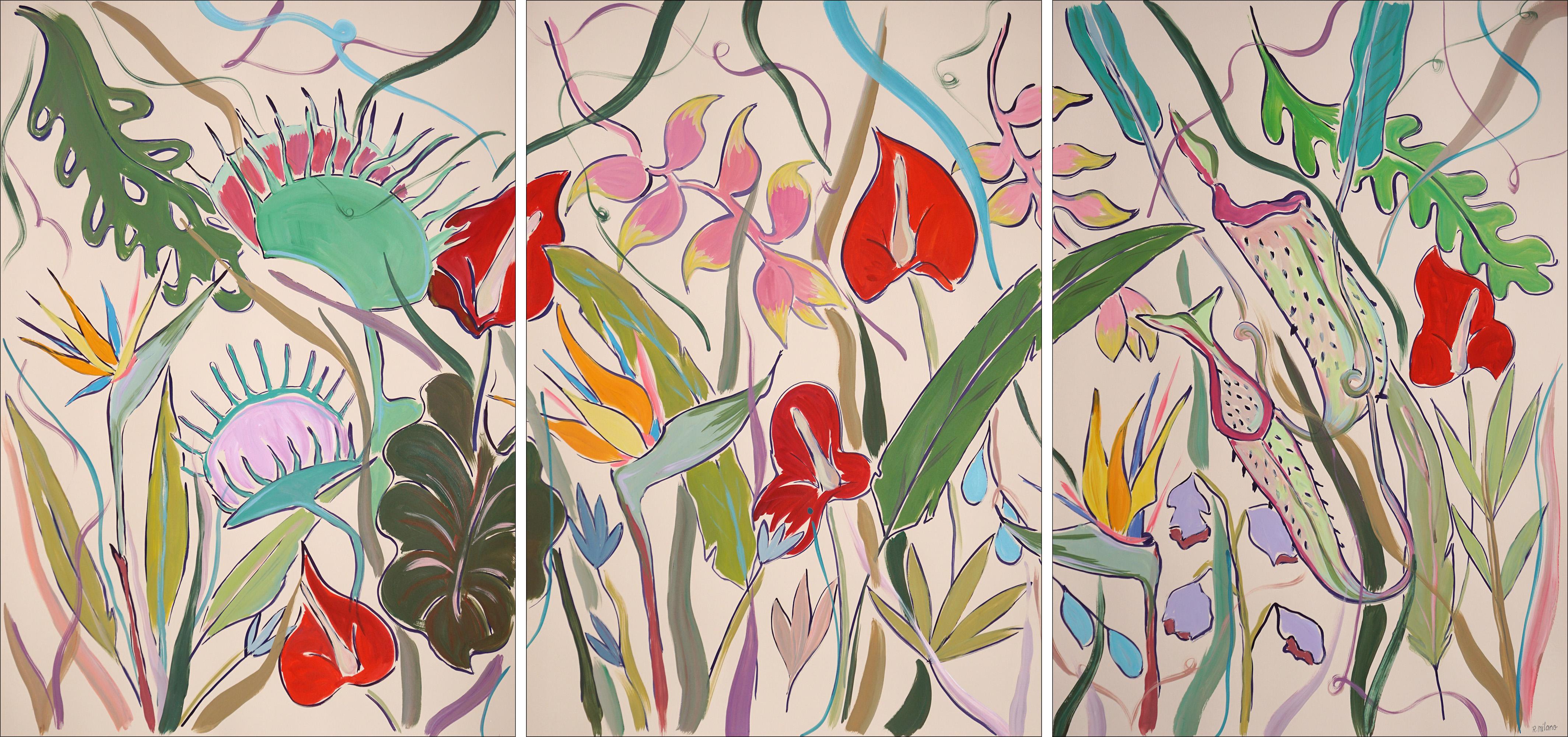 Romina Milano - Carnivorous Plant Garden Triptych, Tropical Red Flowers, Green Nature Jurassic ...