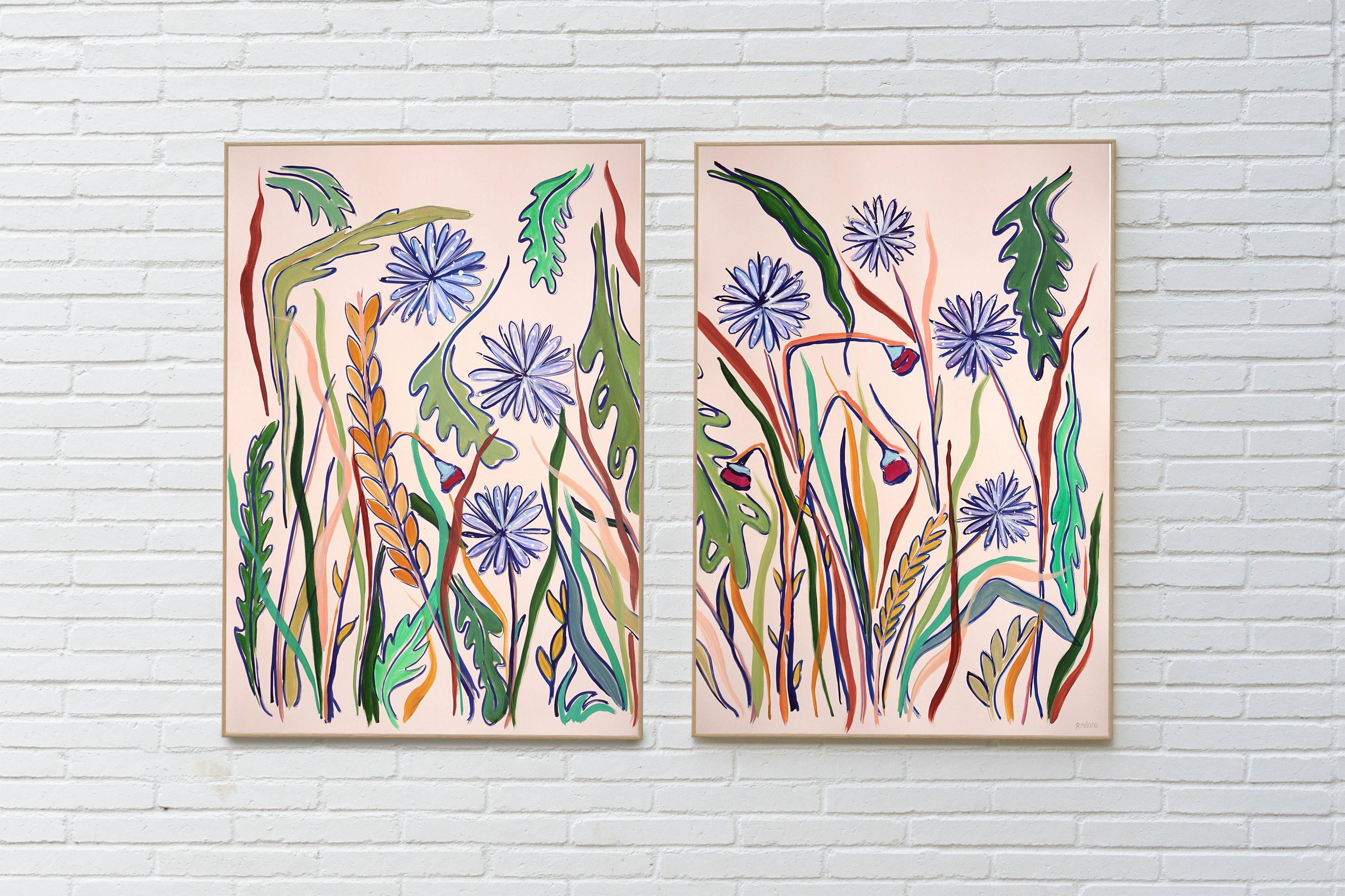 Romina Milano - Grey Wild Dandelion Field, Floral Diptych, Expressionist Countryside Landscape ...