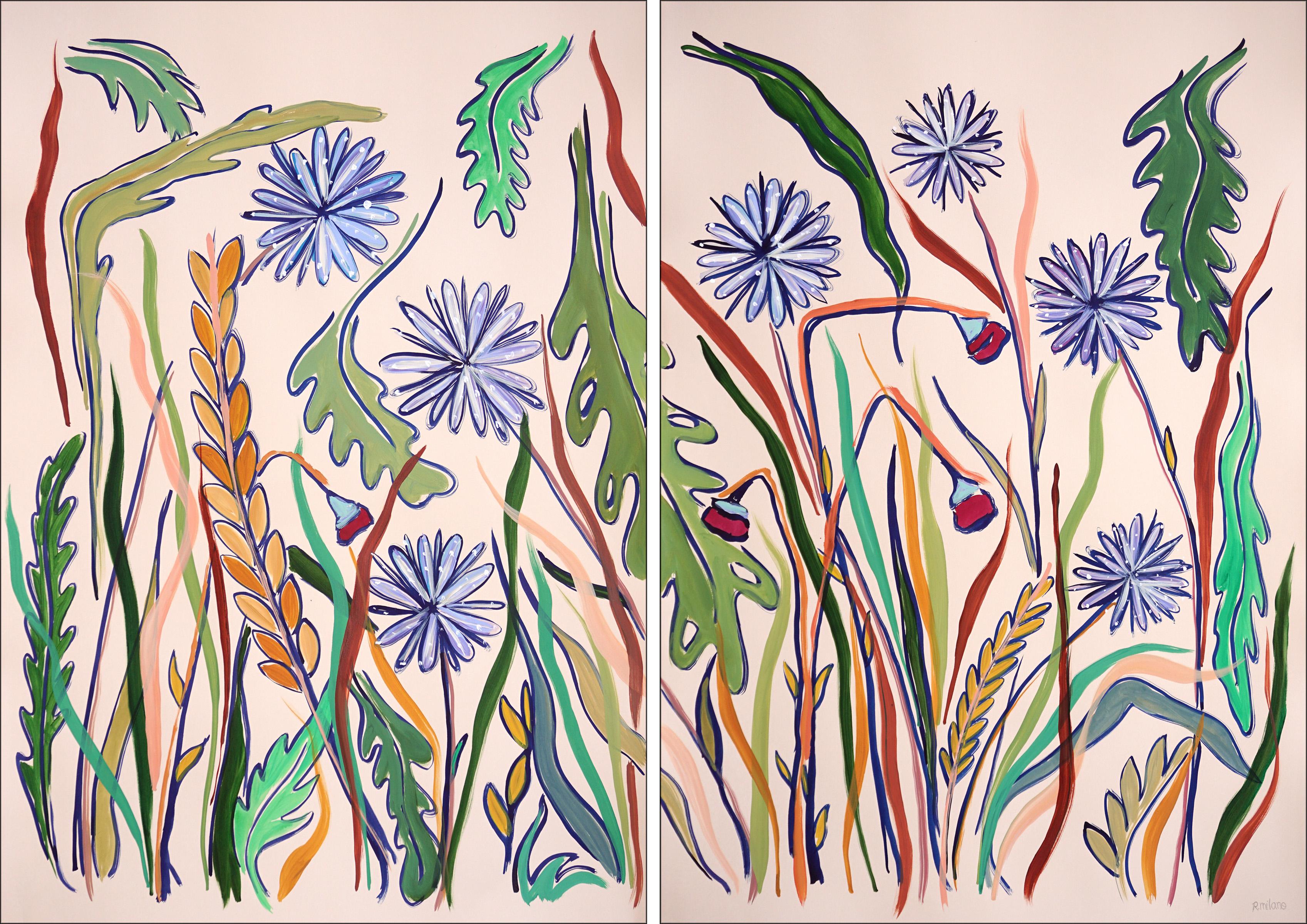 Romina Milano - Gray Wild Dandelion Field, Floral Diptych, Expressionist Countryside Landscape ...