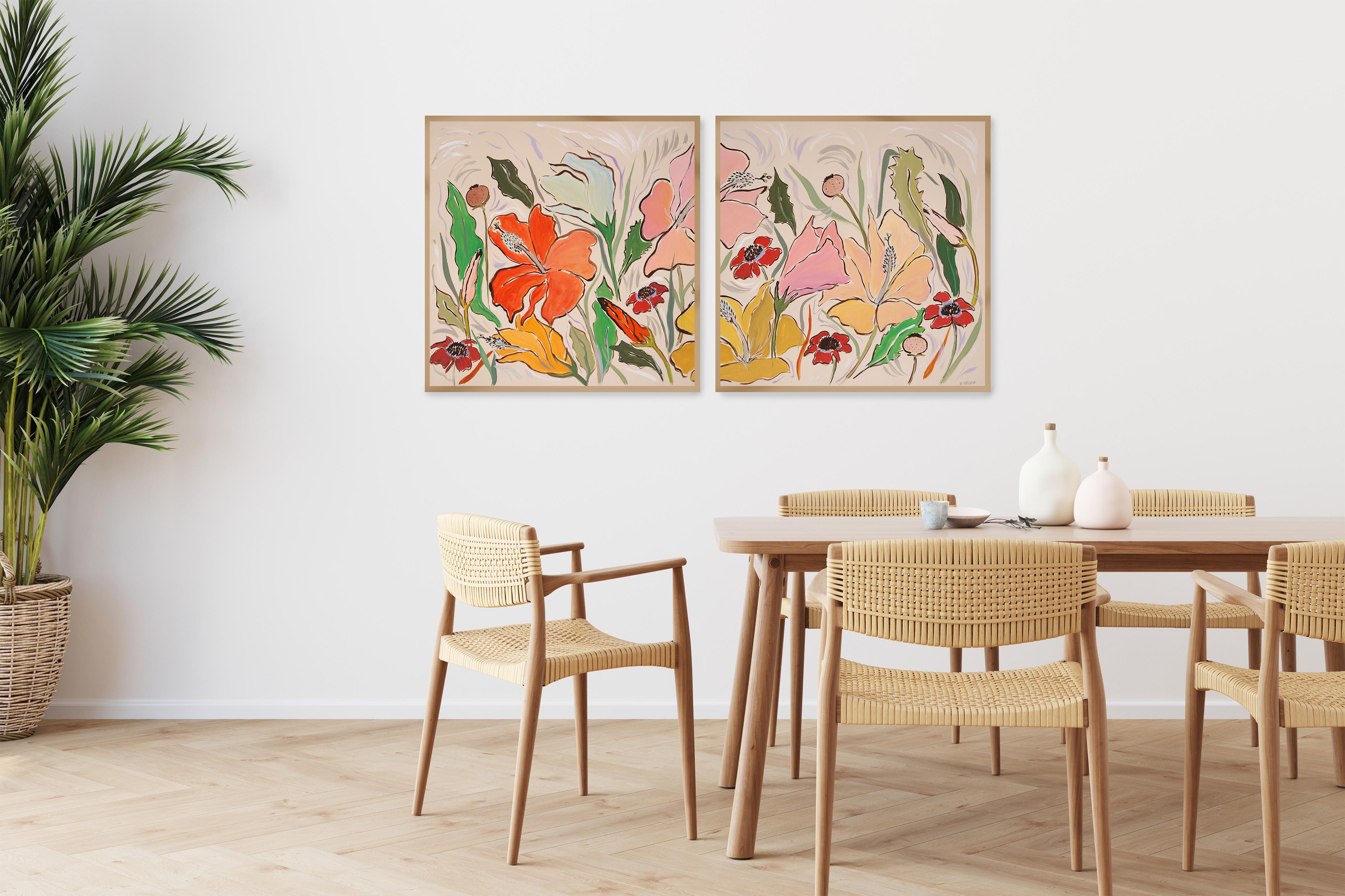 Romina Milano - Hibiscus Oasis Diptych, Orange, Pink, Yellow, Abstract ...