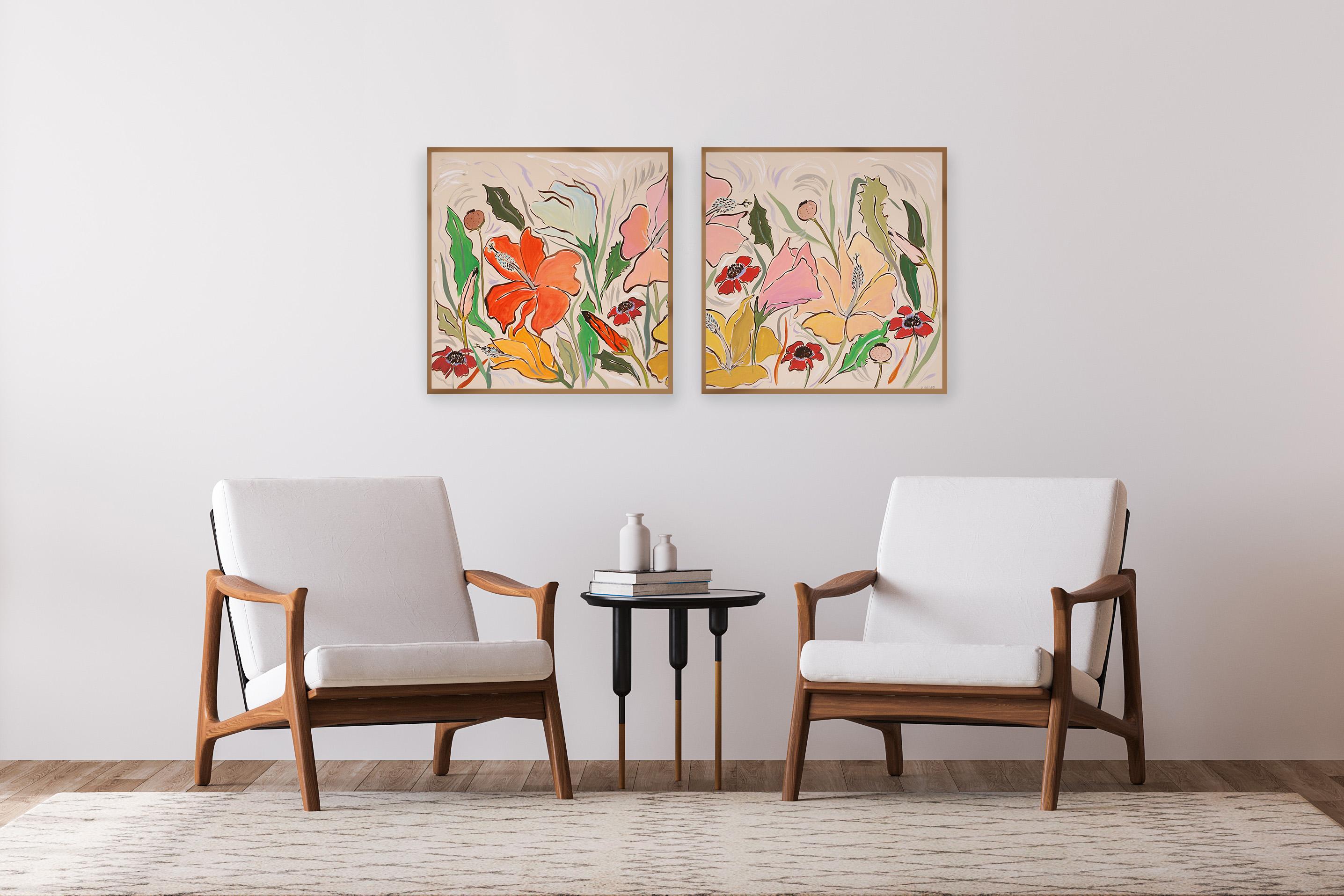 Romina Milano - Hibiscus Oasis Diptych, Orange, Pink, Yellow, Abstract ...