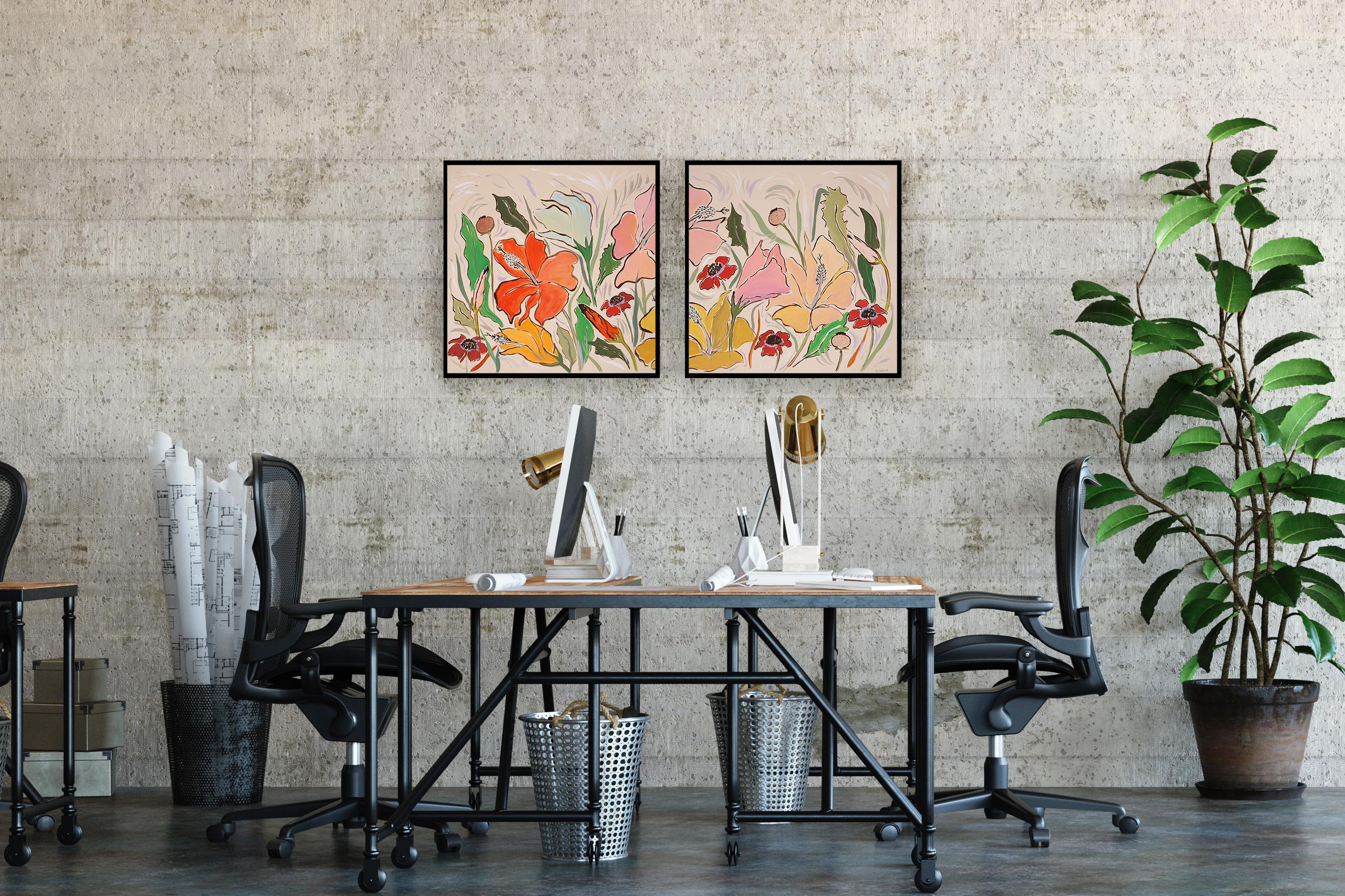 Romina Milano - Hibiscus Oasis Diptych, Orange, Pink, Yellow, Abstract ...
