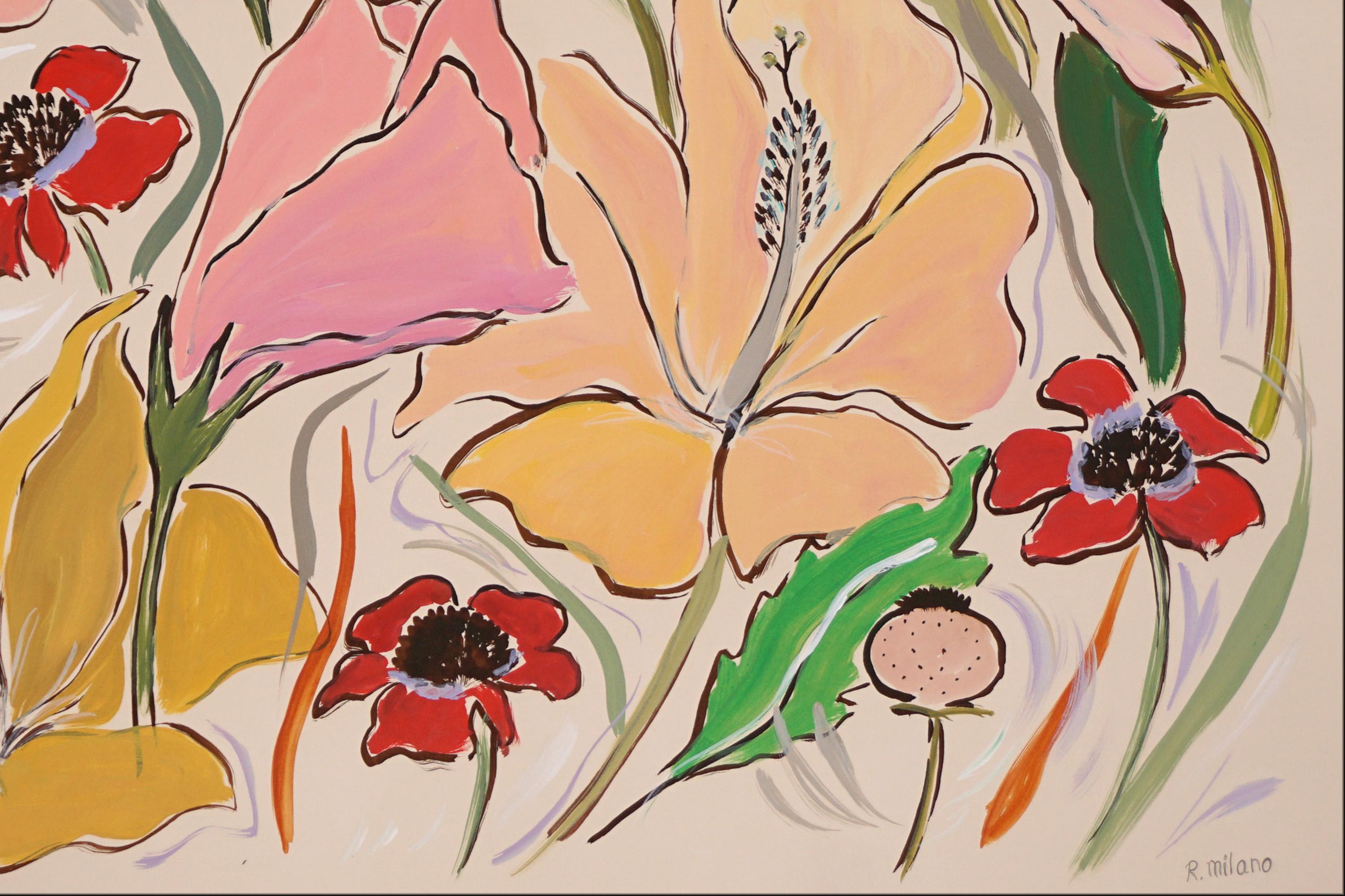 Romina Milano - Hibiscus Oasis Diptych, Orange, Pink, Yellow, Abstract ...