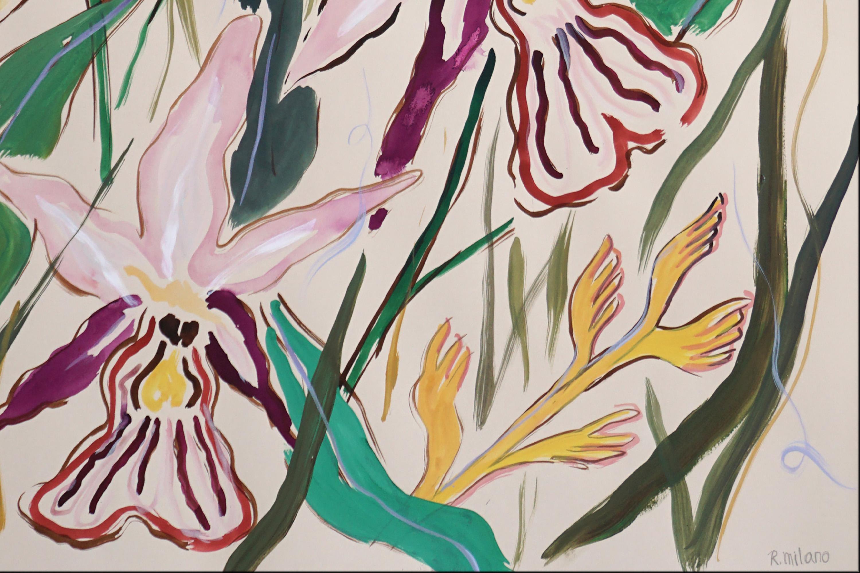 Romina Milano - Pink Orchid Bloom, Large Flowers Diptych, Yellow ...