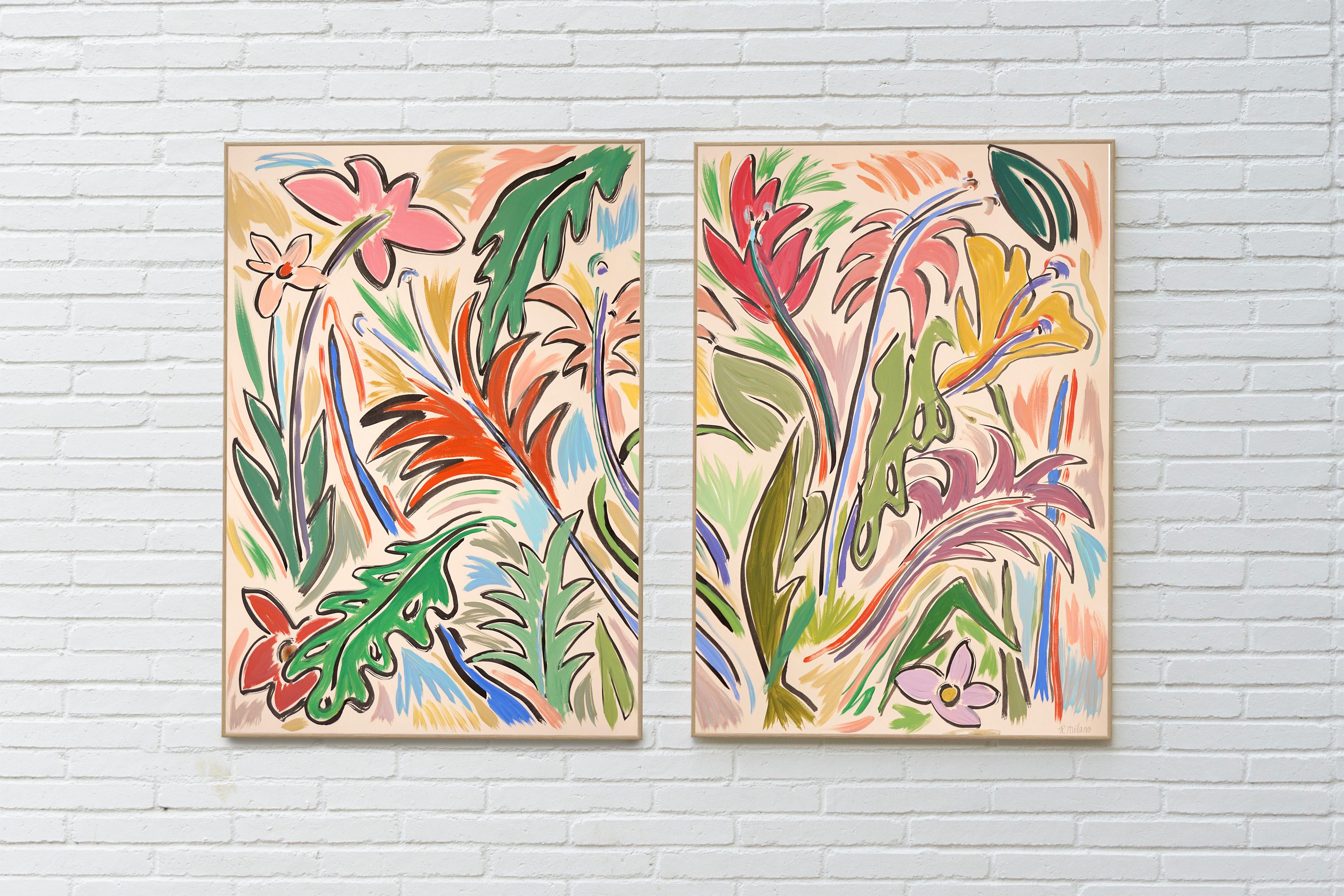 Romina Milano - Red Orchid Bloom, Expressionist Flora Diptych in Vivid ...