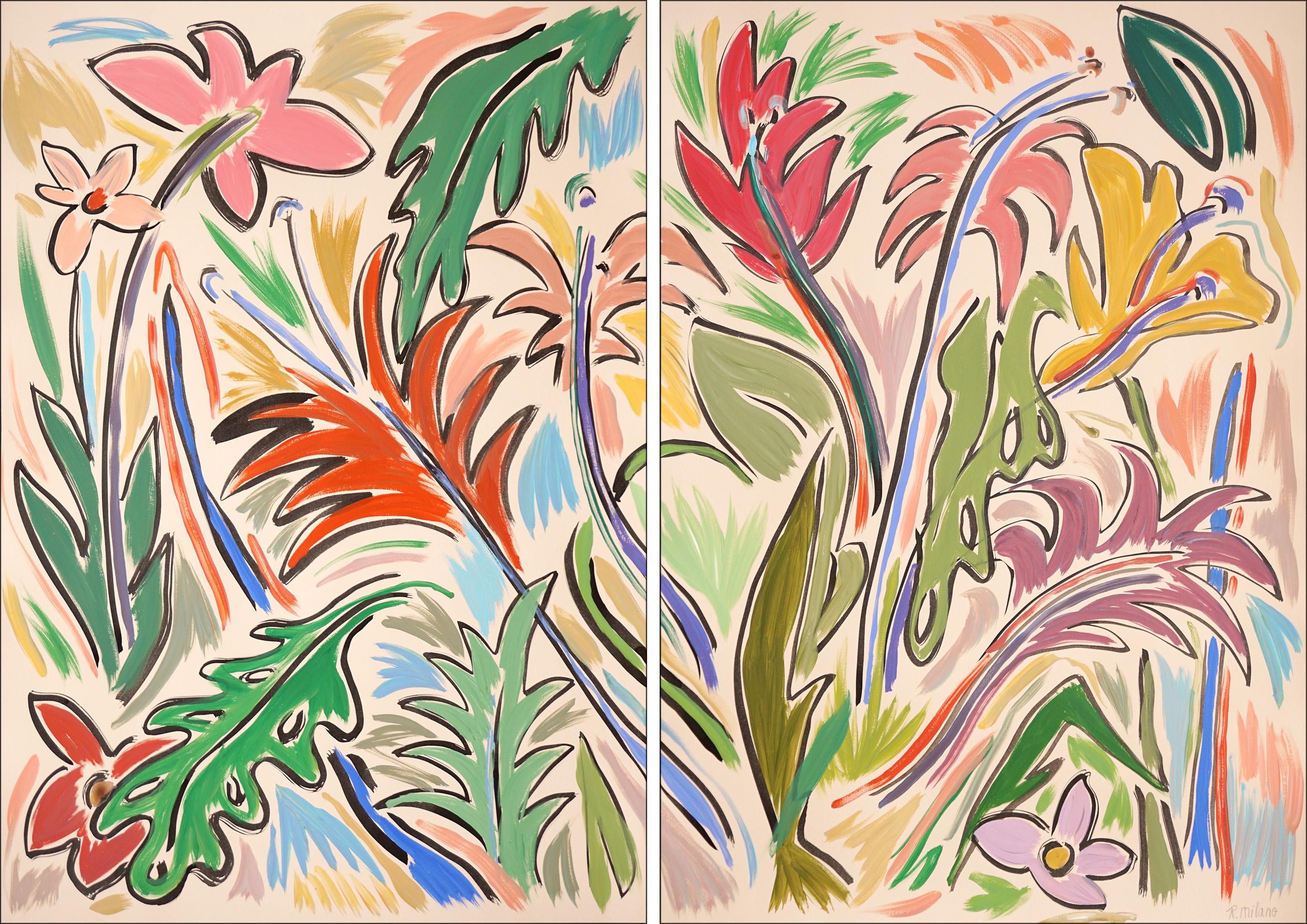 Romina Milano - Red Orchid Bloom, Expressionist Flora Diptych in Vivid ...