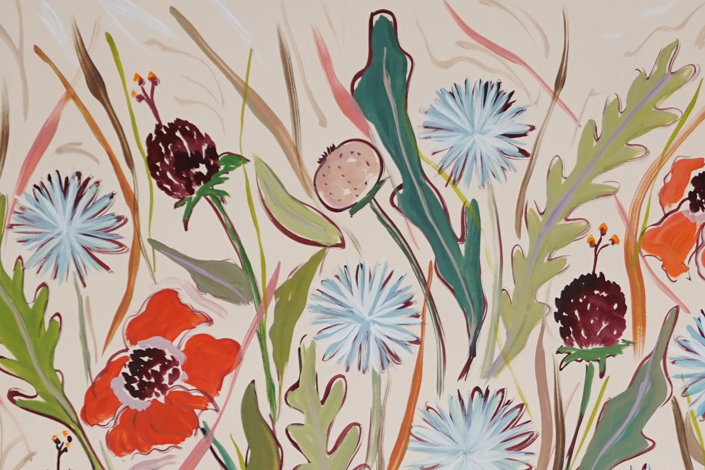 Romina Milano - Wild Dandelion Field Landscape, Red Poppies and Margaritas, Green Leaves Horizon ...