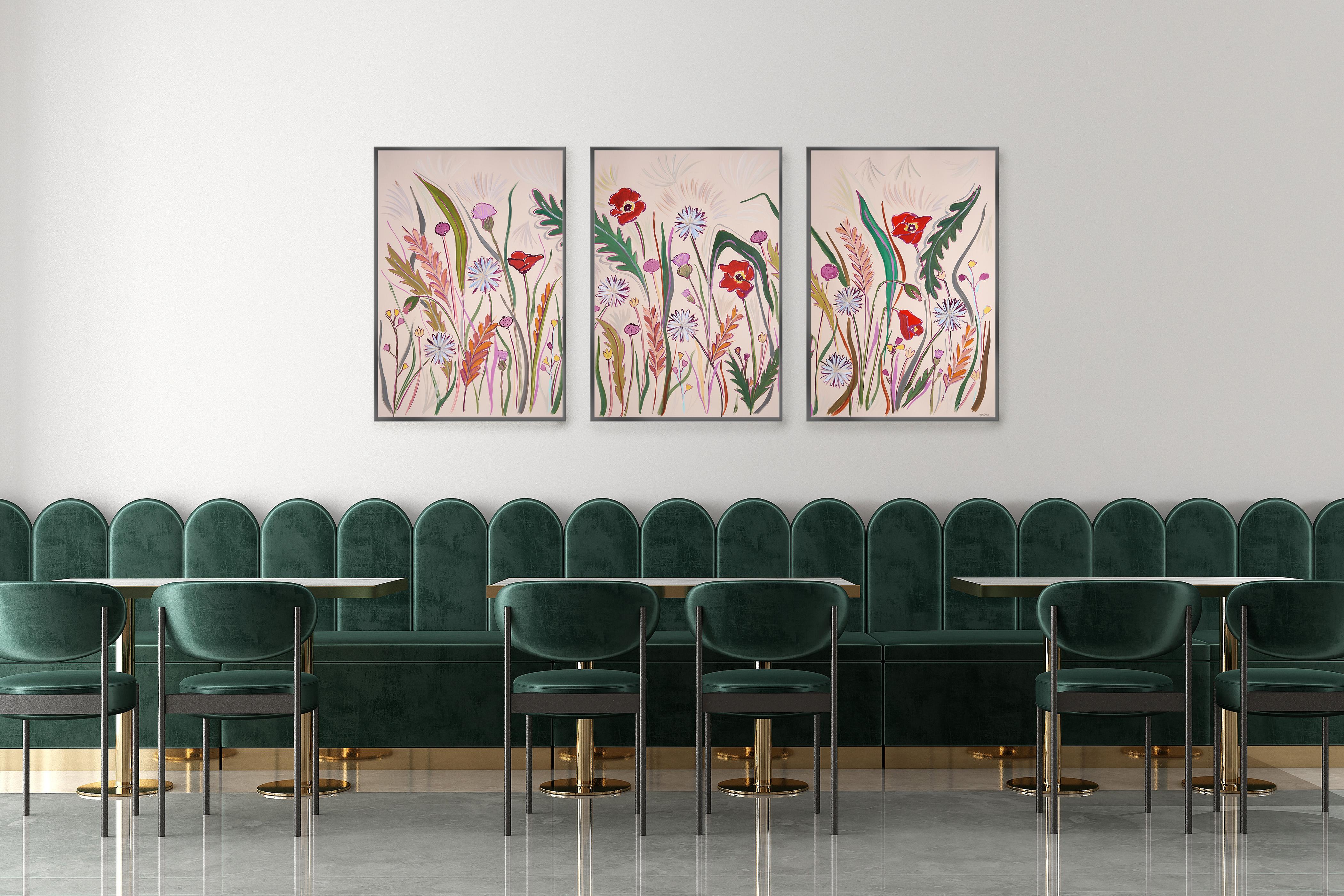 Romina Milano - Wild Dandelion Field Landscape, Red Poppy Flowers Triptych, Illustration Style ...